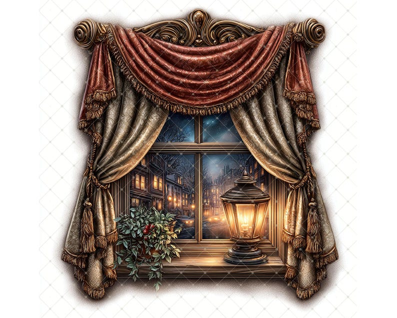 Evening Window Scene Clipart, Cozy Night, Digital JPG Illustration ...