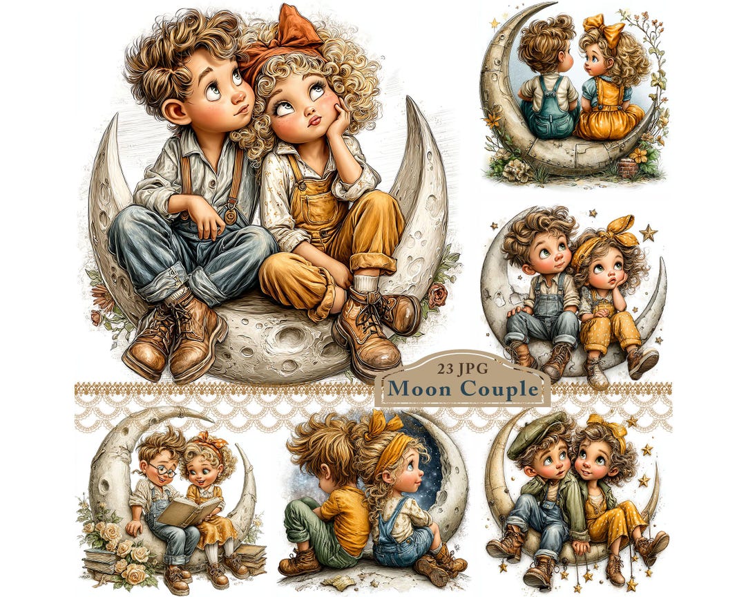 Moon Couple Clipart, Whimsical Celestial Kids Digital JPG Illustration ...
