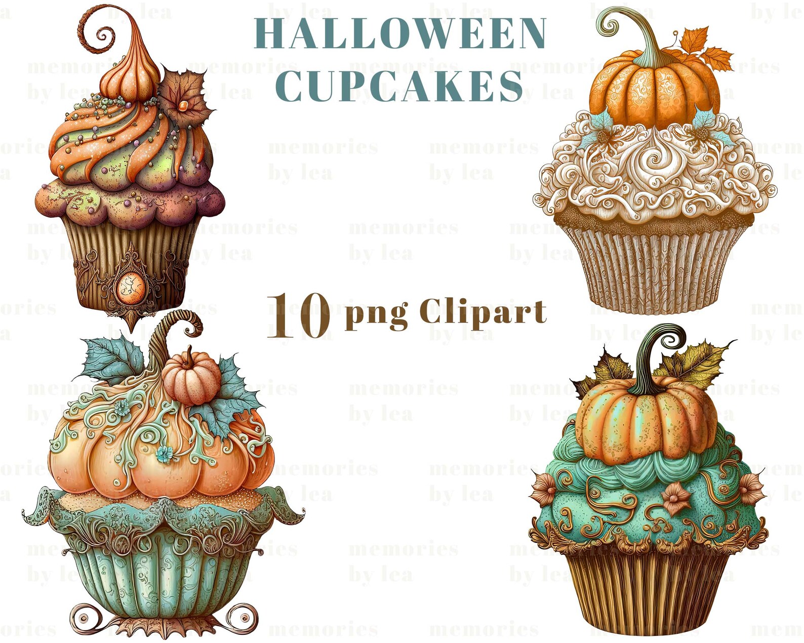 Watercolor Halloween Cupcakes Clipart, Dessert PNG Set (digital ...