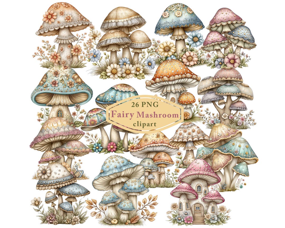 Fairy Mushroom Clipart: 26 Whimsical Forest PNG Illustrations (digital ...