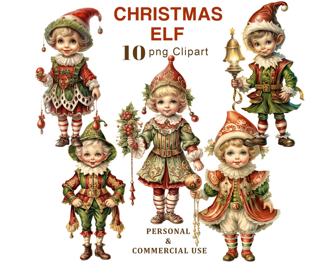 Vintage Christmas Elf Clipart, Elf PNG Clip Art, Winter Elves Graphics ...