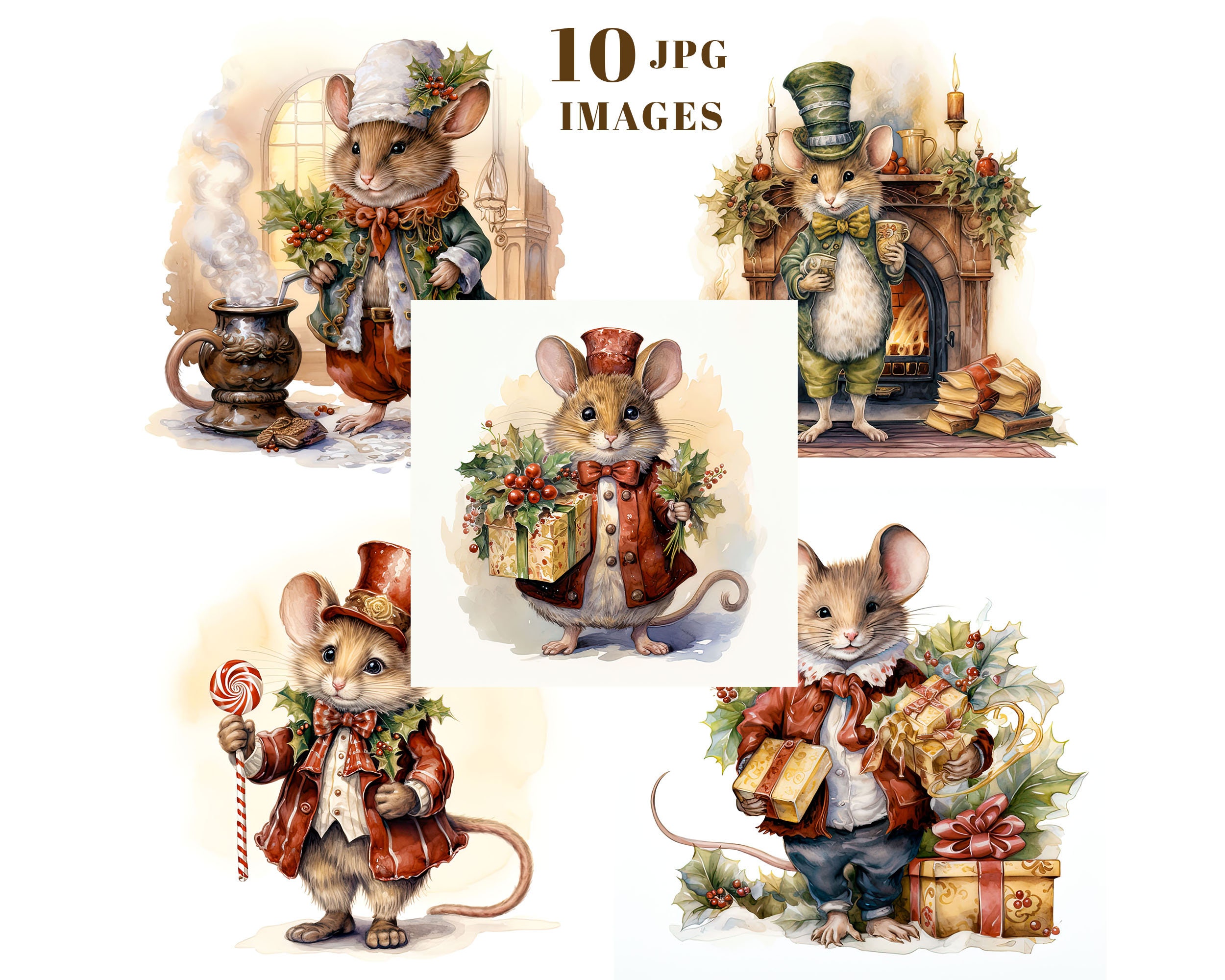 Vintage Christmas Mouse Clipart, Holiday JPG Graphics (digital Download ...