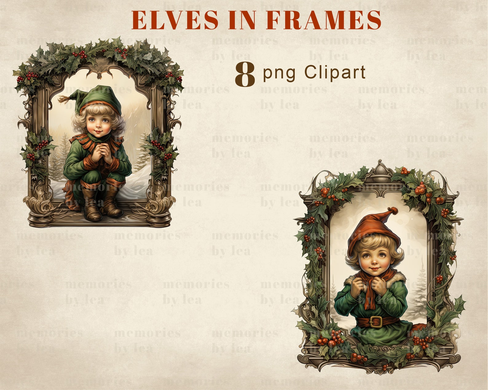 Vintage Christmas Elves, Holiday PNG Clipart, Elves in Frames Digital ...