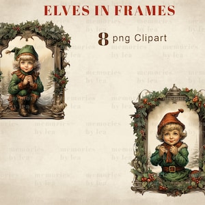 Vintage Christmas Elves, Holiday PNG Clipart, Elves in Frames Digital ...