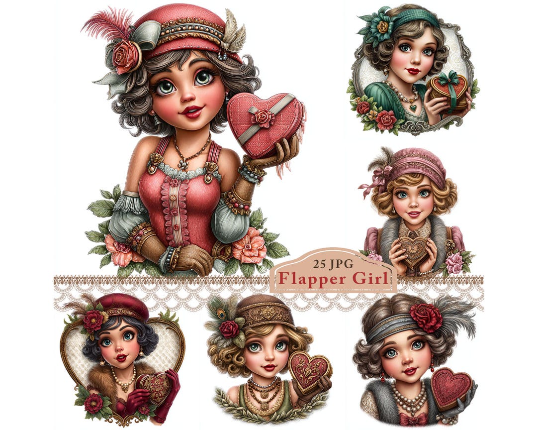 Valentine Flapper Girl Clipart, Heart Box of Chocolates, Digital JPG ...
