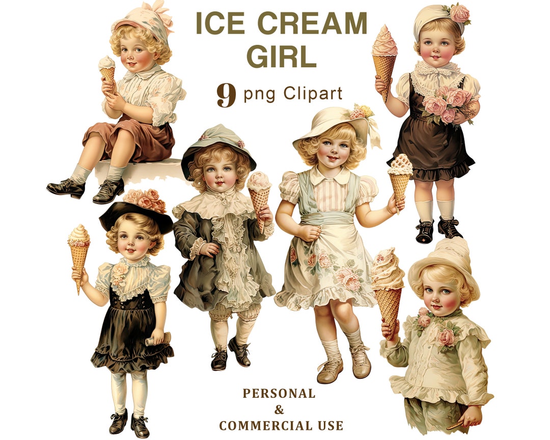 Vintage Ice Cream Girl Clipart, Girl Eat Ice Cream PNG Clipart, Summer ...
