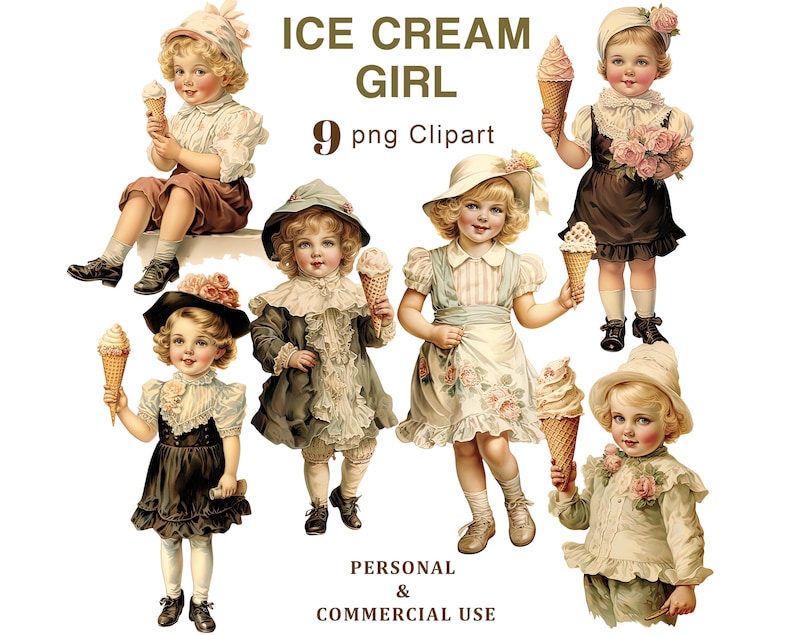 Vintage Ice Cream Girl Clipart, Girl Eat Ice Cream PNG Clipart, Summer ...