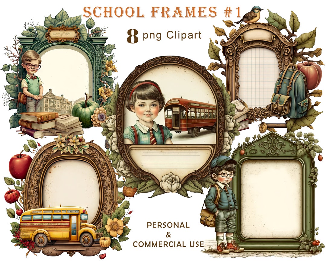 School Frames #1 Clipart, Back to School Graphic for Scrapbook, Junk ...