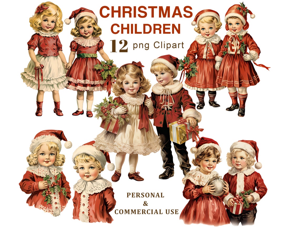 Vintage Christmas Children Clipart, Retro Christmas Kids PNG Clip Art ...