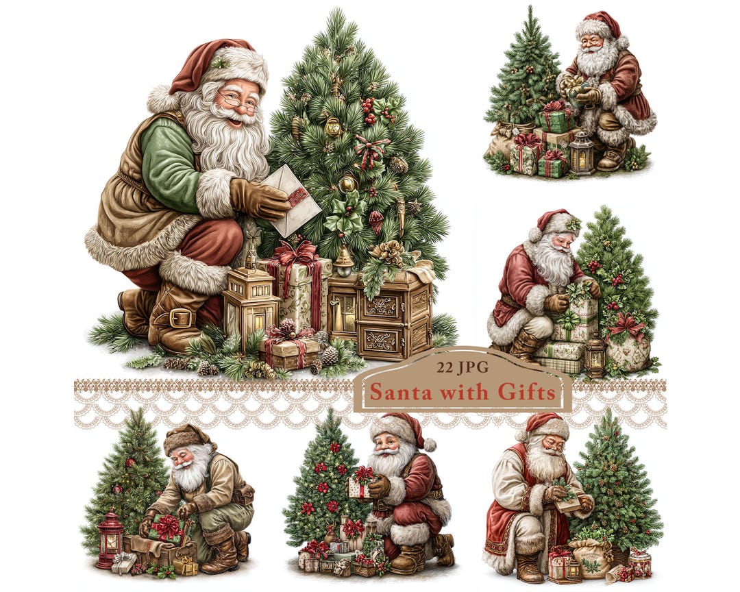 Santa With Gifts Clipart: Christmas Illustration (digital Download) - Etsy