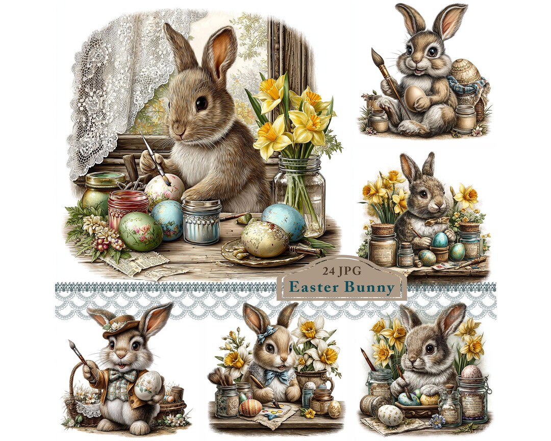 Easter Bunny Painting Eggs Clipart, Spring Rabbit, Digital JPG ...
