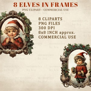 Vintage Christmas Elves, Holiday PNG Clipart, Elves in Frames Digital ...