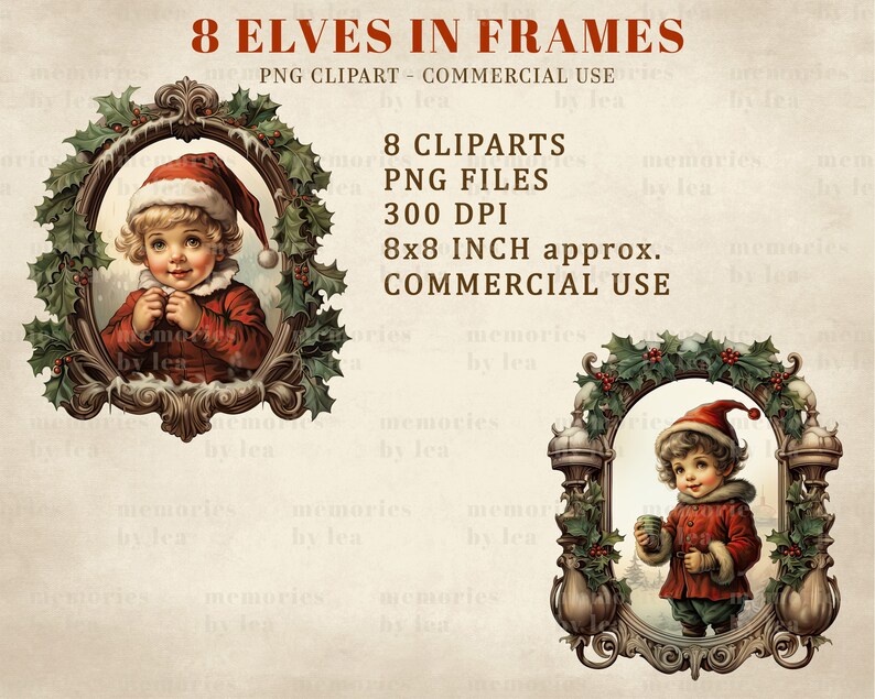 Vintage Christmas Elves, Holiday PNG Clipart, Elves in Frames Digital ...