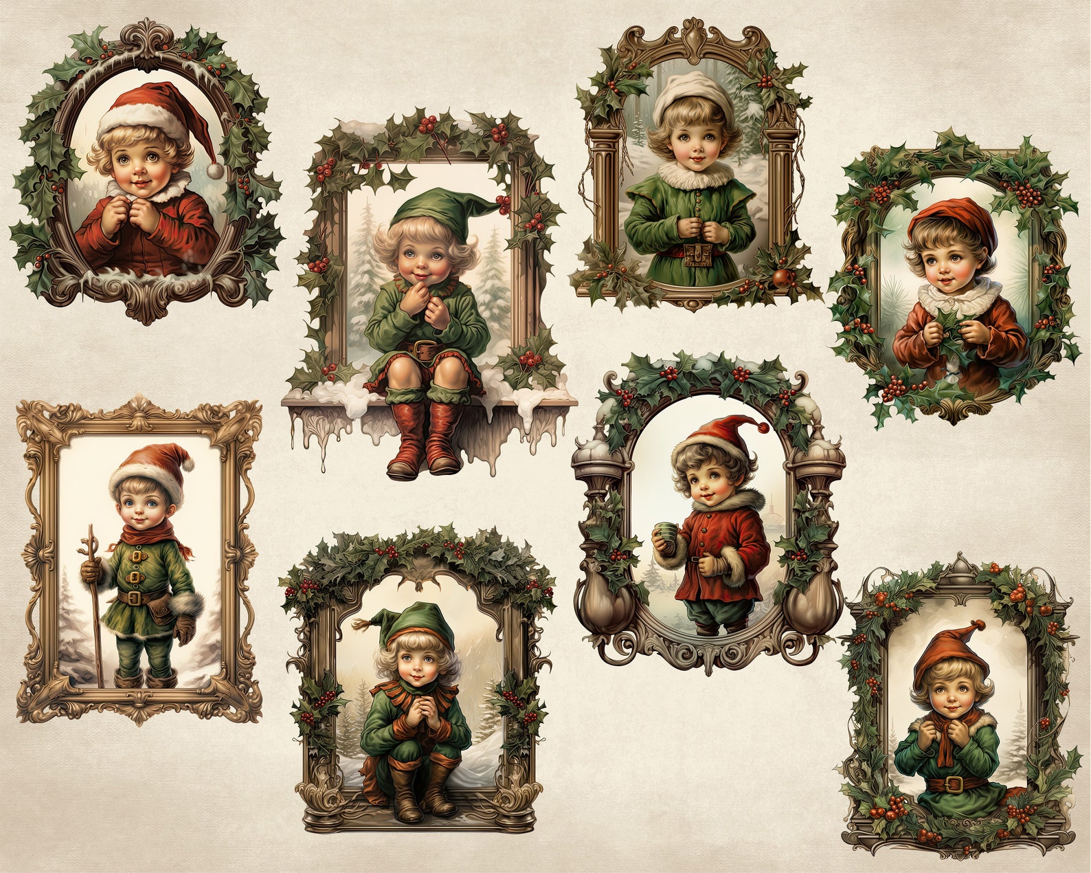 Vintage Christmas Elves, Holiday PNG Clipart, Elves in Frames Digital ...