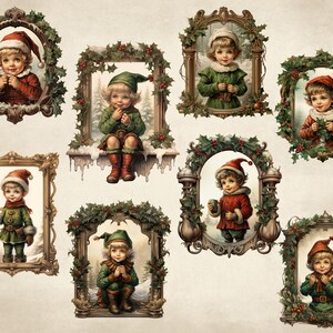 Vintage Christmas Elves, Holiday PNG Clipart, Elves in Frames Digital ...