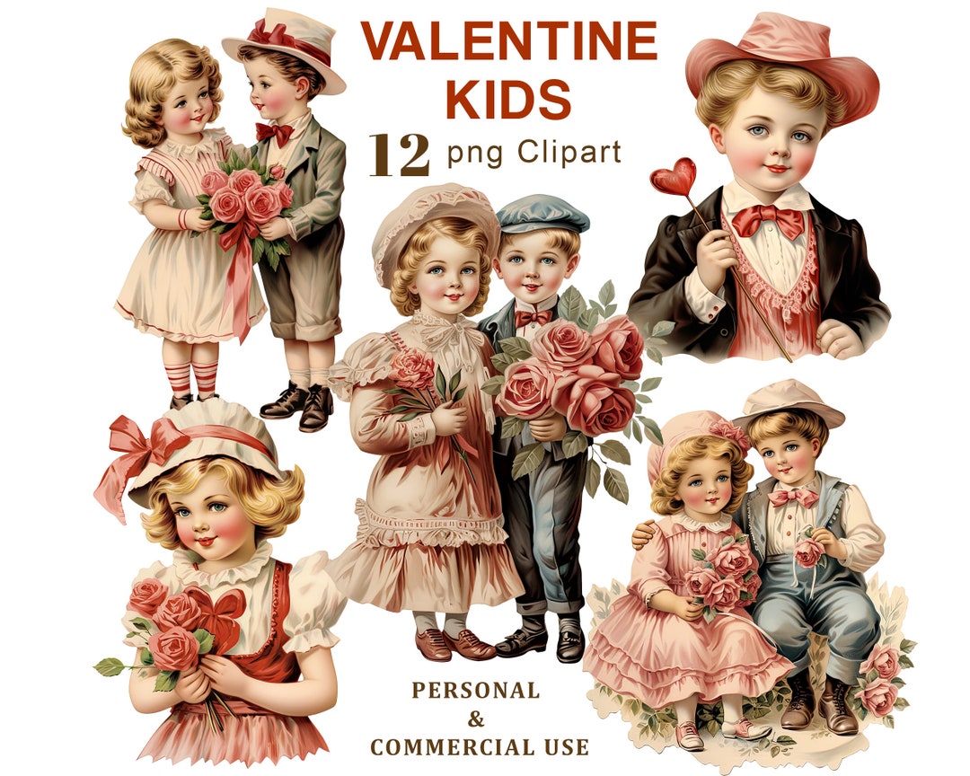 Vintage Valentine Kids Clipart, Heart, Rose, Love Valentine PNG Clip ...