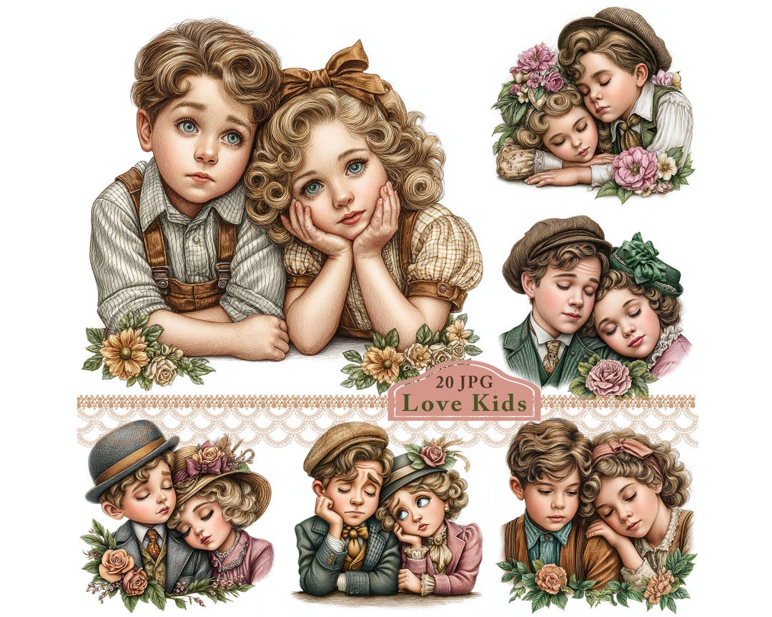 Kids Love Clipart, Romantic Children, Digital JPG Illustration for Card ...