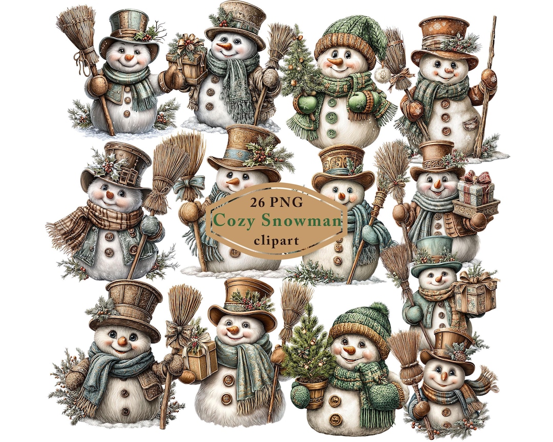 Watercolor Snowman Clipart: 26 Festive Winter PNG Graphics (digital ...