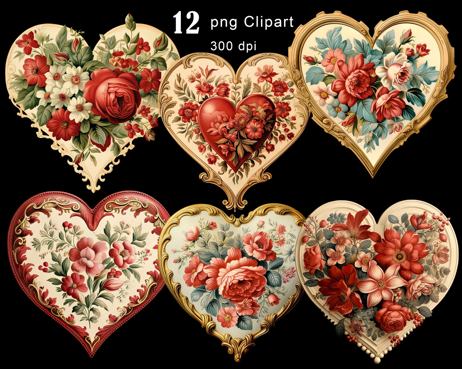 Vintage Floral Heart Clipart, Valentine's Day PNG, Love, Heart, Wedding ...