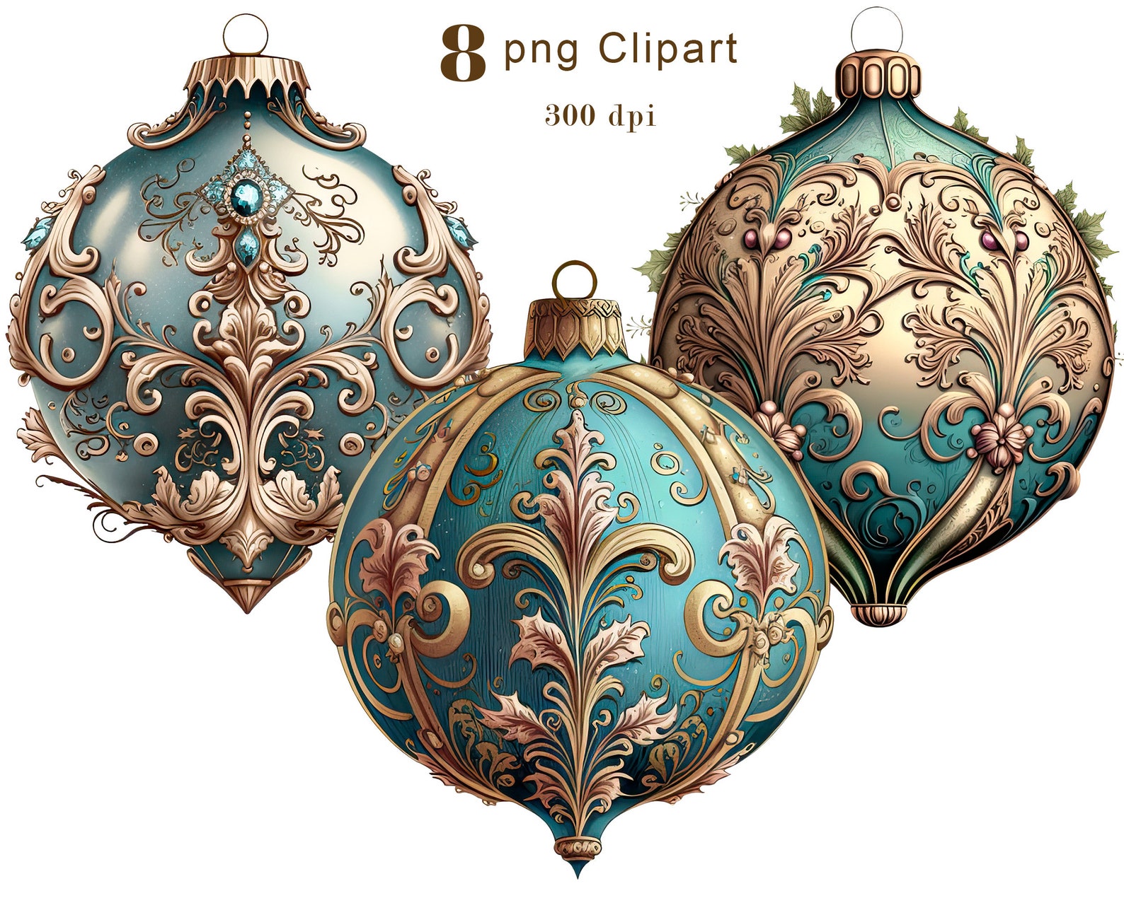 Victorian Christmas Ornament Clipart, Blue Green Baubles, PNG Graphics ...
