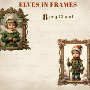 Vintage Christmas Elves, Holiday PNG Clipart, Elves in Frames Digital ...