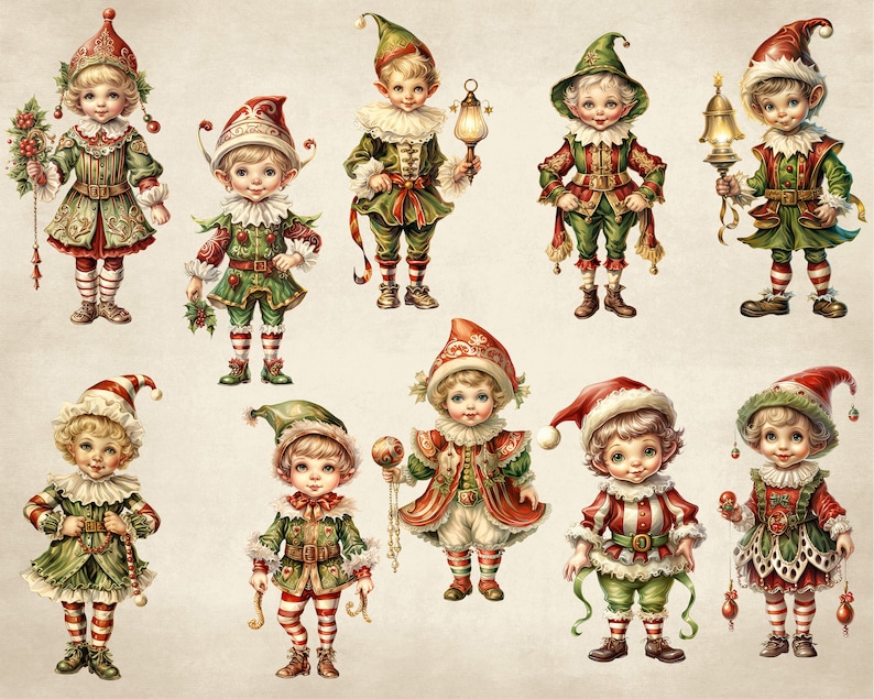 Vintage Christmas Elf Clipart, Elf PNG Clip Art, Winter Elves Graphics ...