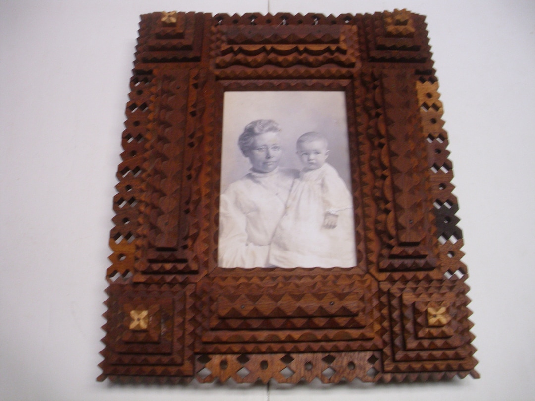 Handcarved Wood Tramp Art Frame, Wood Picture Frame, Folk Art Frame, 4 ...