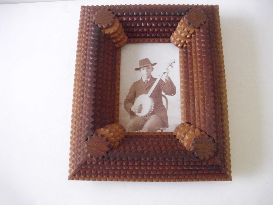 Handcarved Wood Tramp Art Frame, Wood Picture Frame, Folk Art Frame, 4 ...