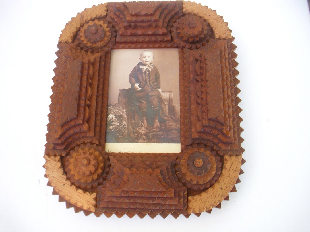 Handcarved Wood Tramp Art Frame, Wood Picture Frame, Folk Art Frame, 4 ...