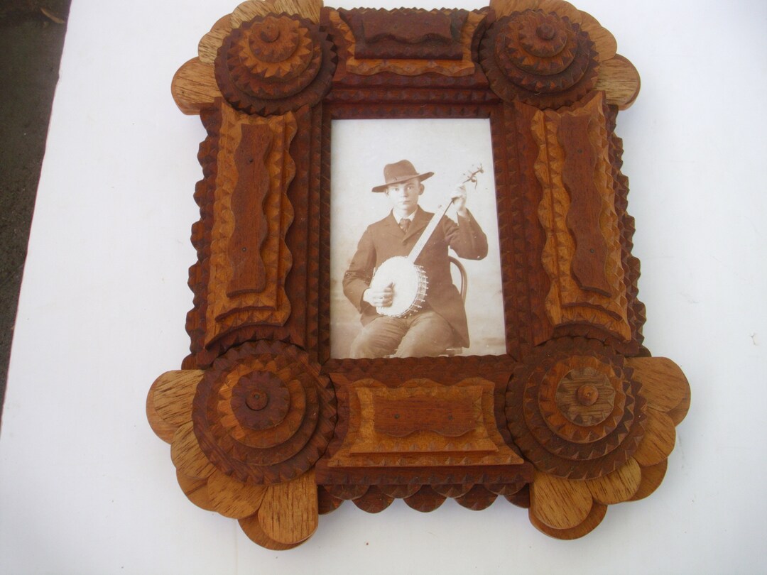 Handcarved Wood Tramp Art Frame, Wood Picture Frame, Folk Art Frame, 4 ...