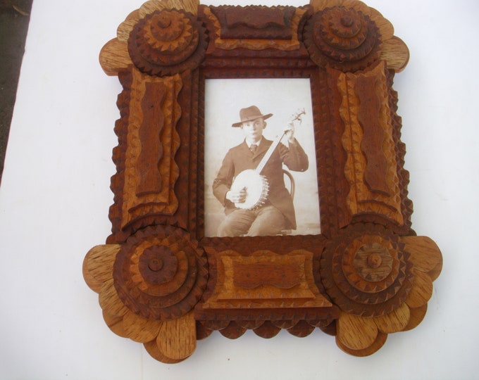 Handcarved Wood Tramp Art Frame, Wood Picture Frame, Folk Art Frame, 4 ...