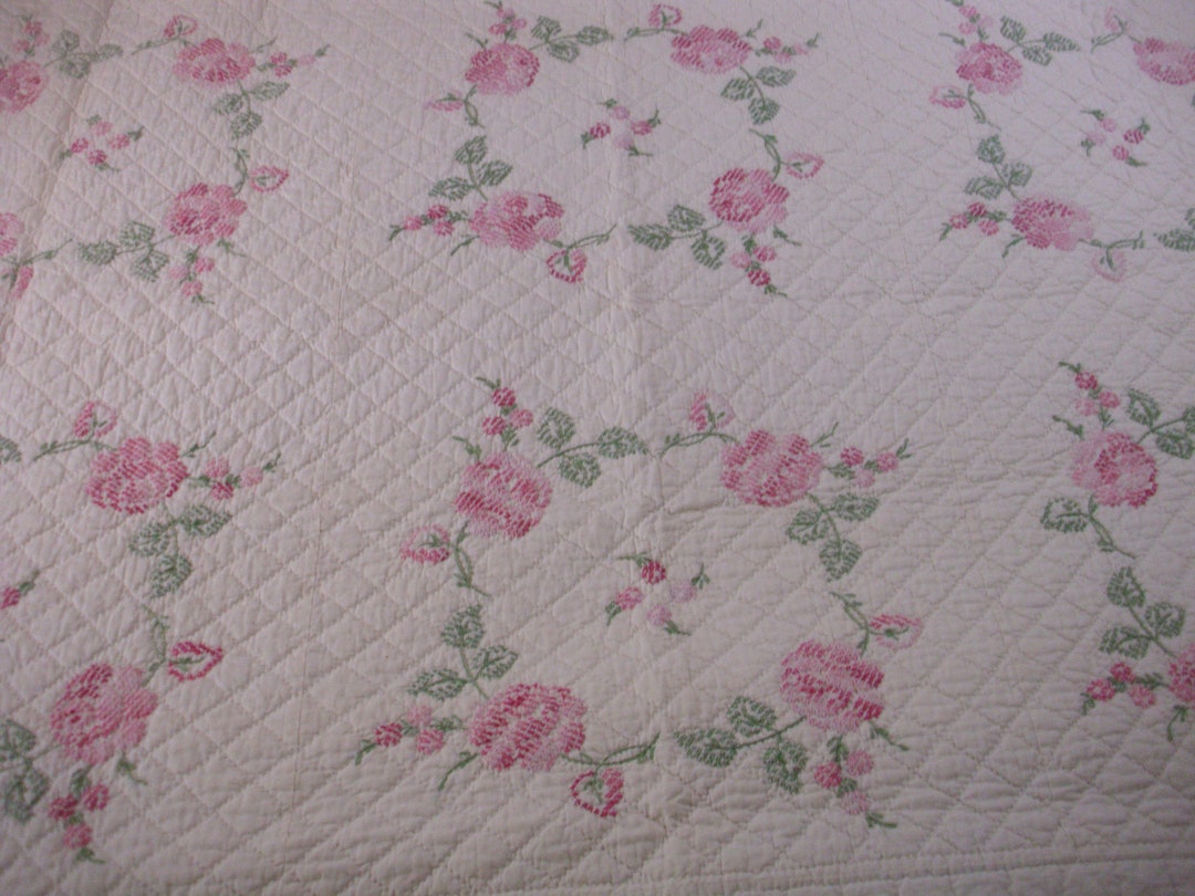 Antique Quilt, Rose Cross Stitch Quilt, Handmade Quilt, Hand Quilted ...