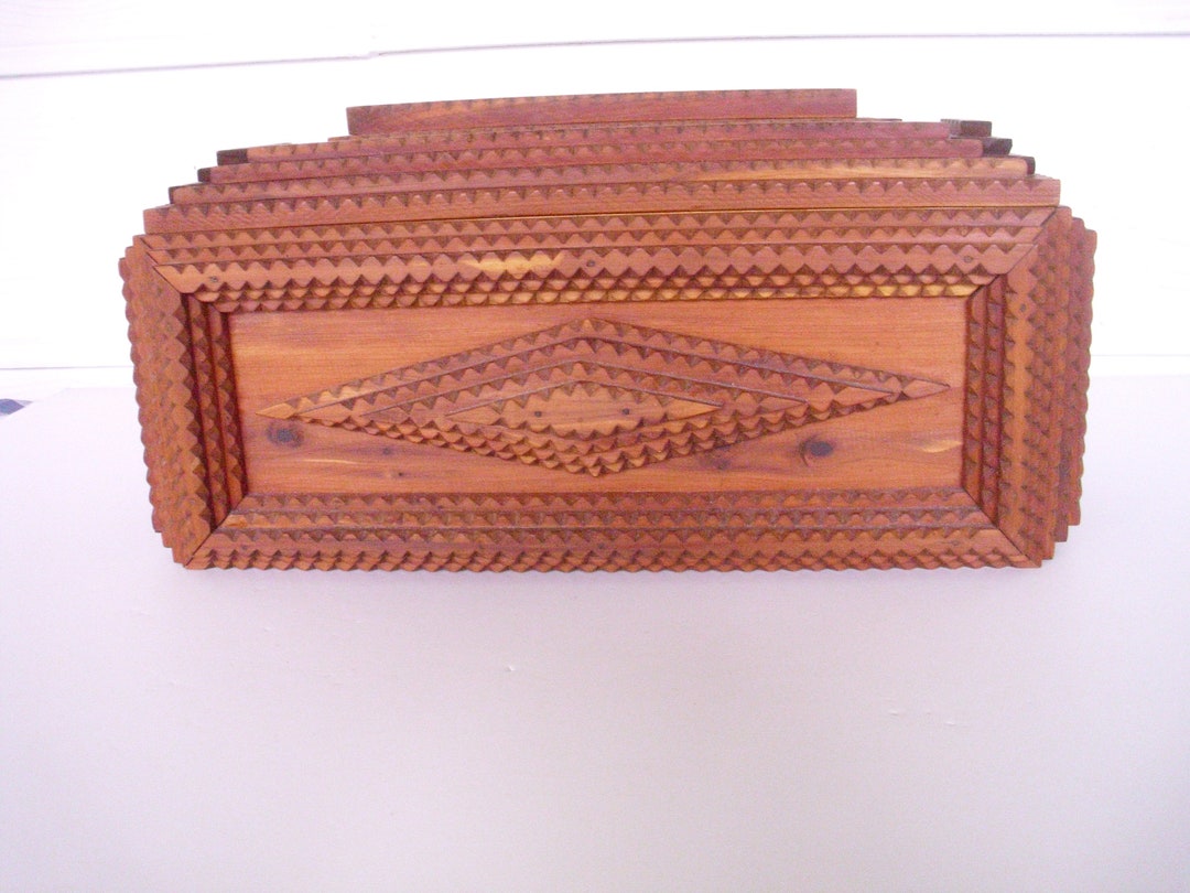 Hand Carved Wood Tramp Art Box, Wood Jewelry Box, Trinket Box, Folk Art ...