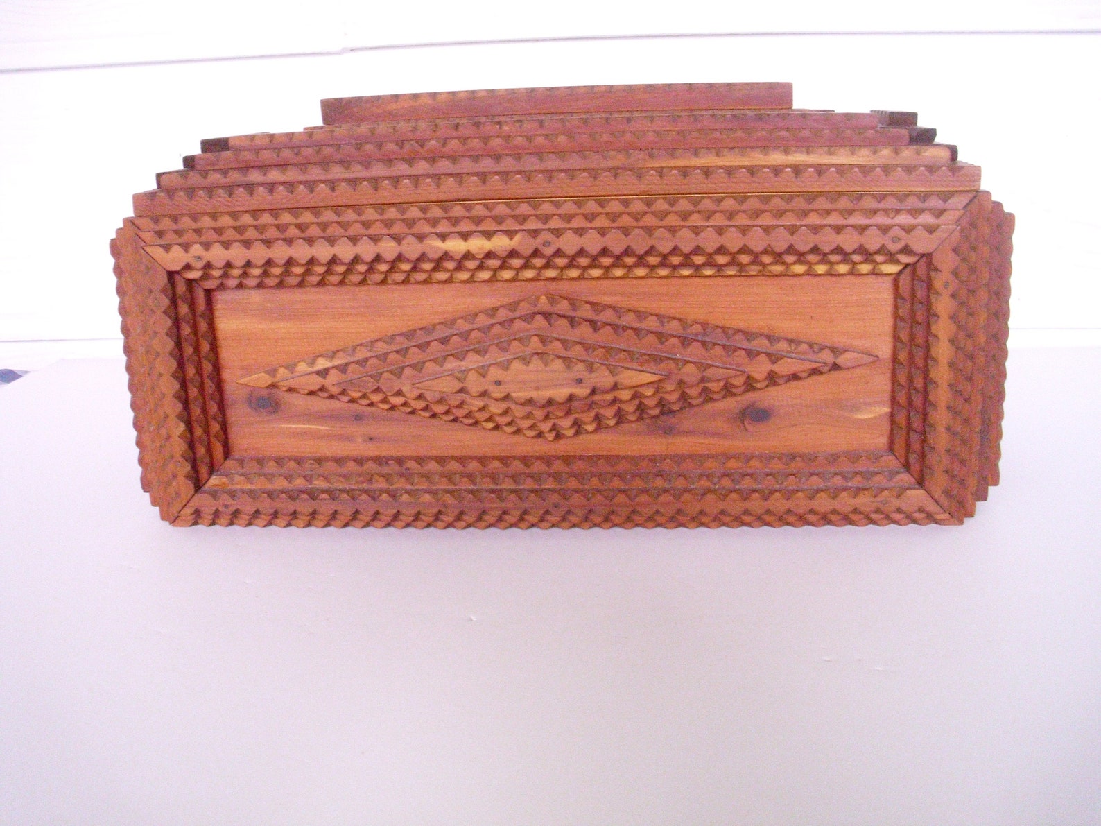 Hand Carved Wood Tramp Art Box Wood Jewelry Box Trinket Box - Etsy