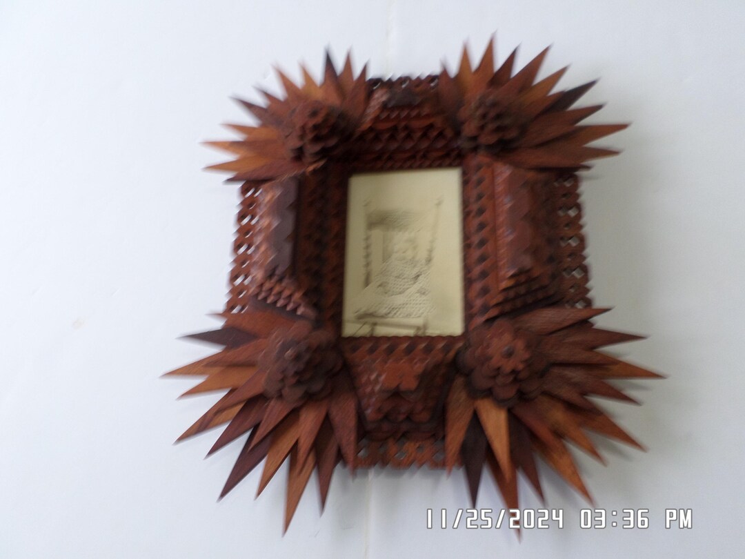 Handcarved Wood Tramp Art Frame, Wood Picture Frame, Folk Art Frame, 4 ...