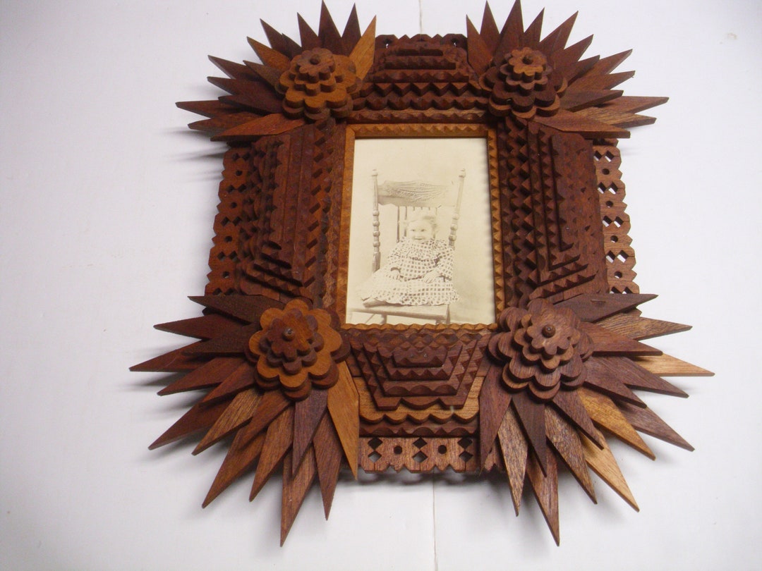 Handcarved Tramp Art Frame, Wood Picture Frame, Folk Art Frame, 4 X 6 ...