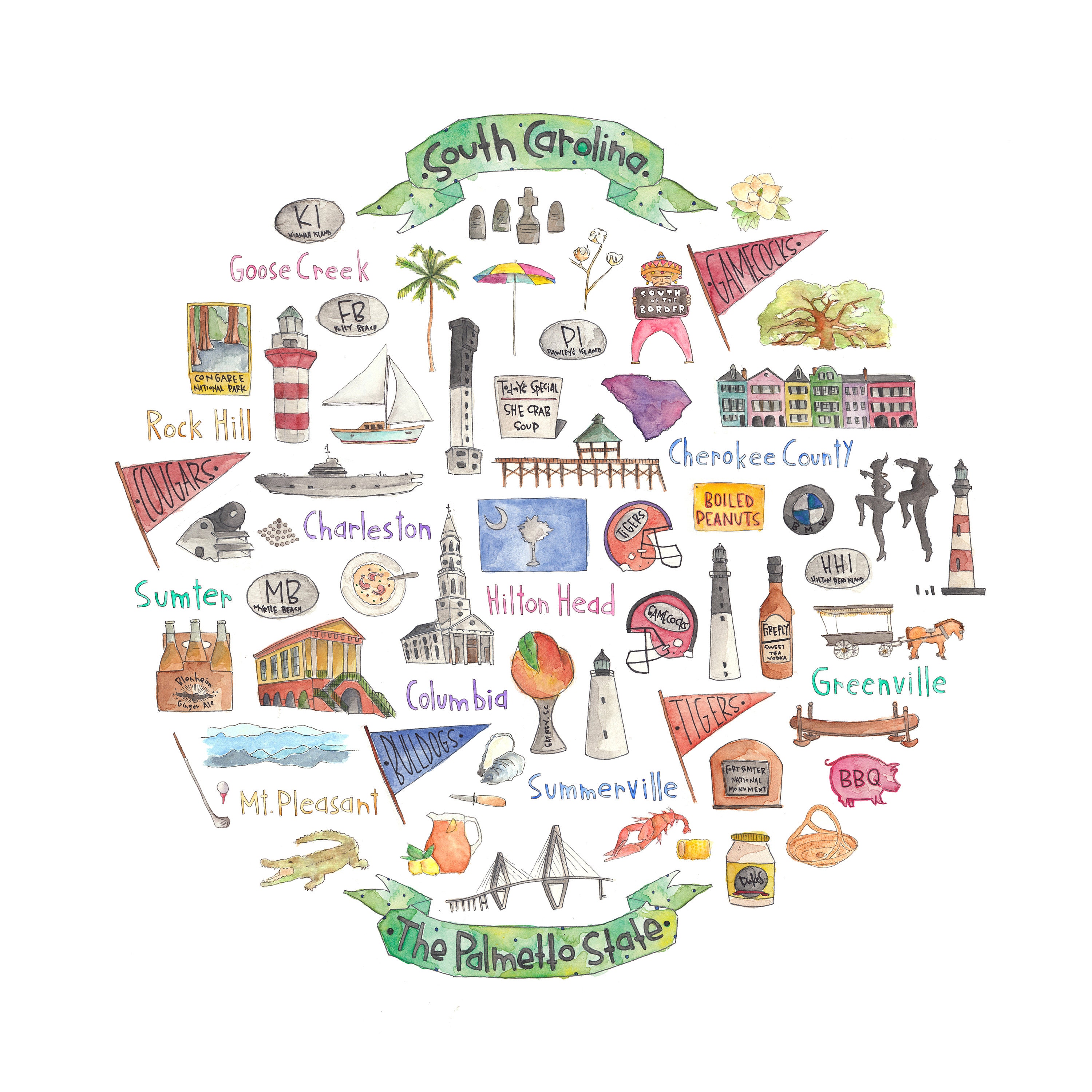 South Carolina Icon Watercolor Illustration | Etsy