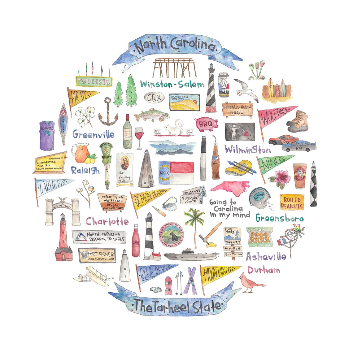 North Carolina Icon Watercolor Illustration | Etsy