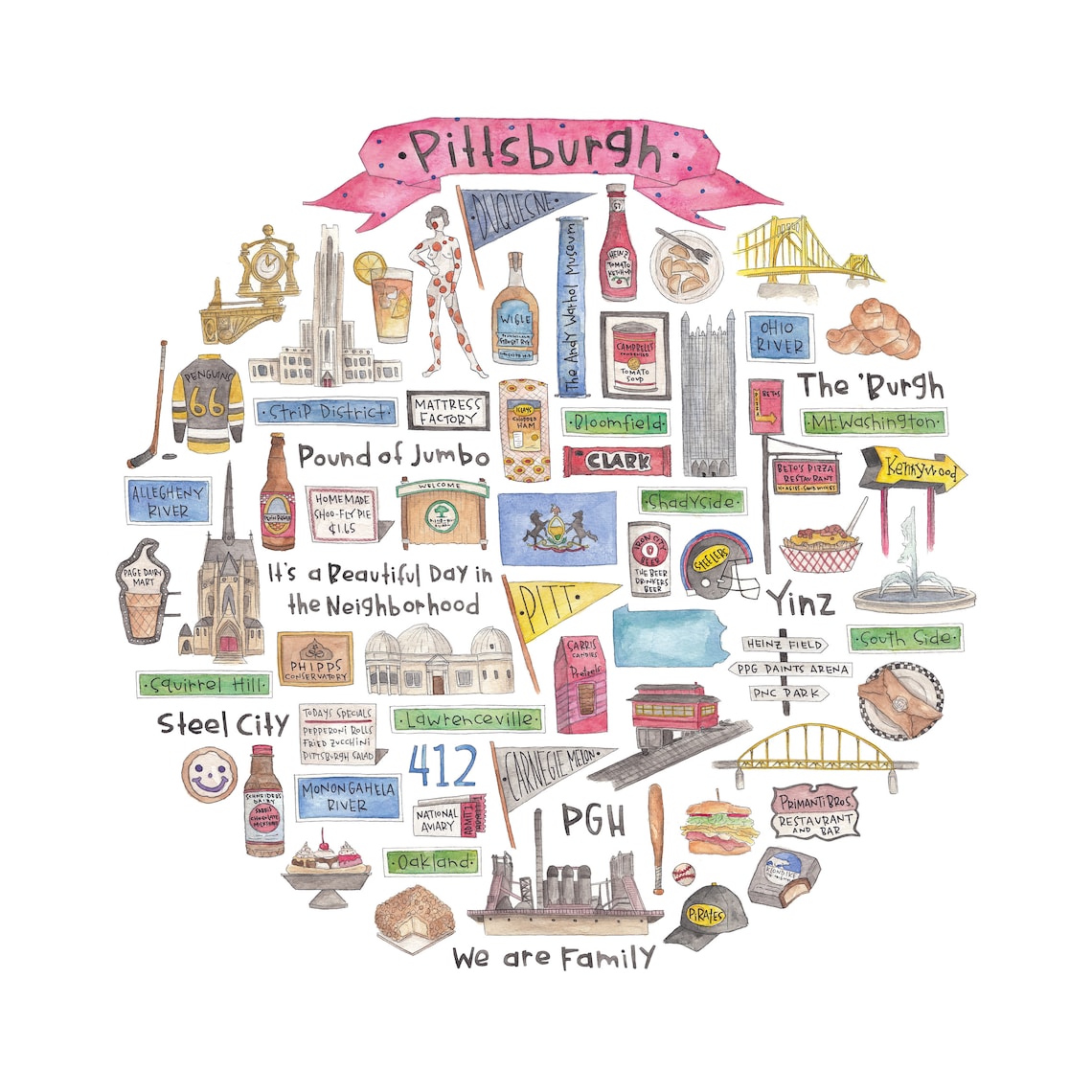 Pittsburgh PA Icon Watercolor Illustration - Etsy