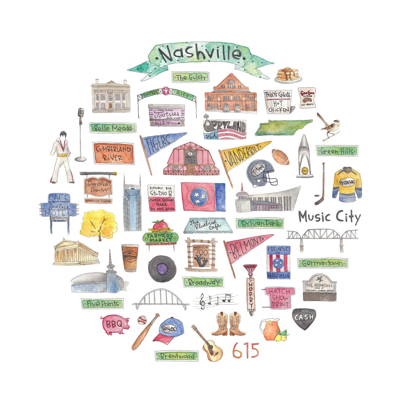 Nashville TN Icon Watercolor Illustration - Etsy