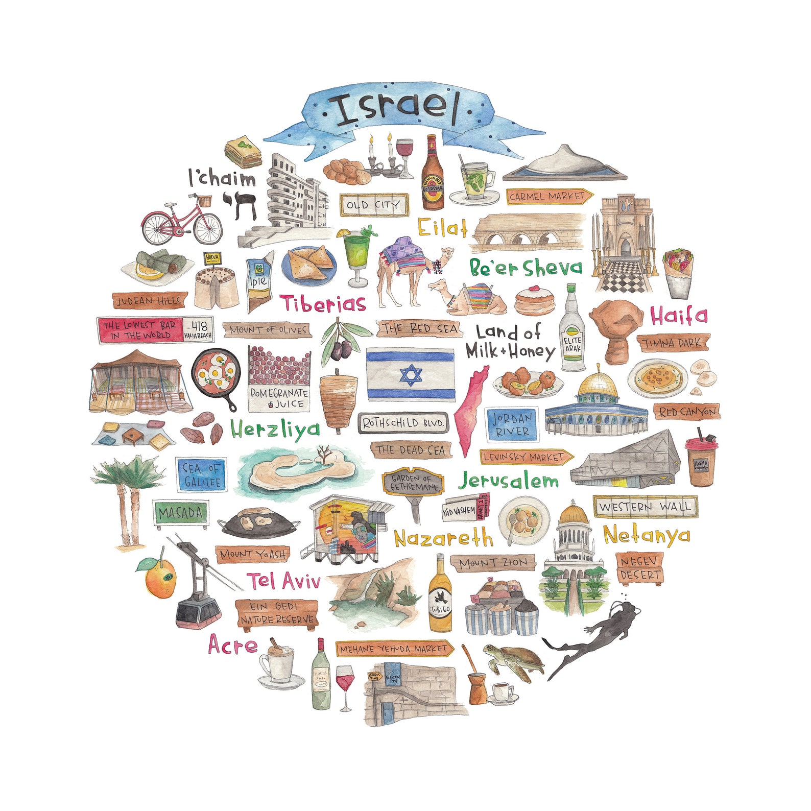 Israel Icon Watercolor Illustration | Etsy