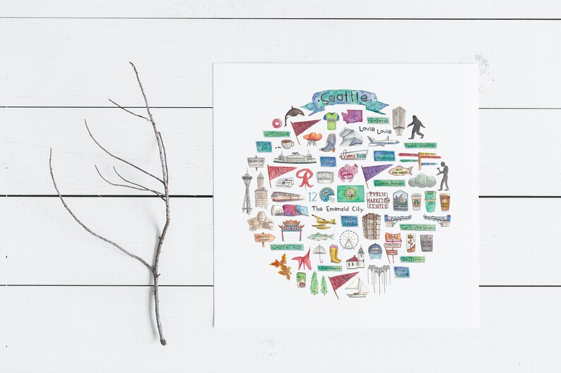 Seattle WA Icon Watercolor Illustration | Etsy