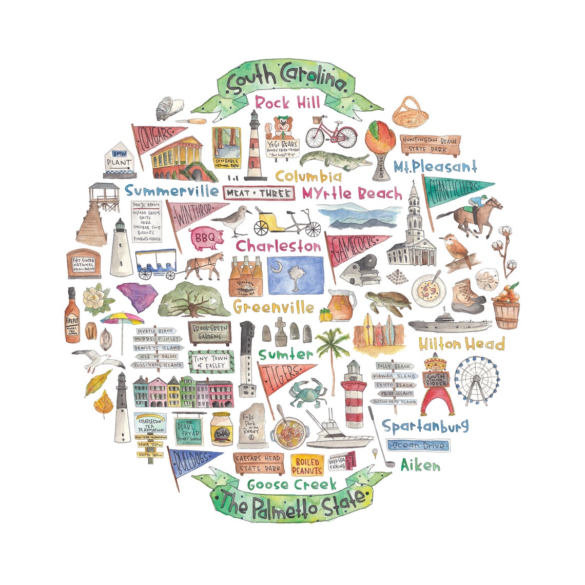 South Carolina Icon Watercolor Illustration | Etsy