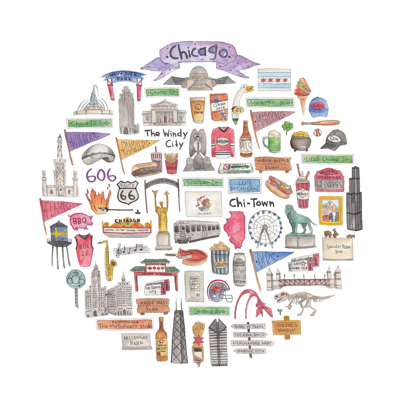 Chicago IL Icon Watercolor Illustration - Etsy