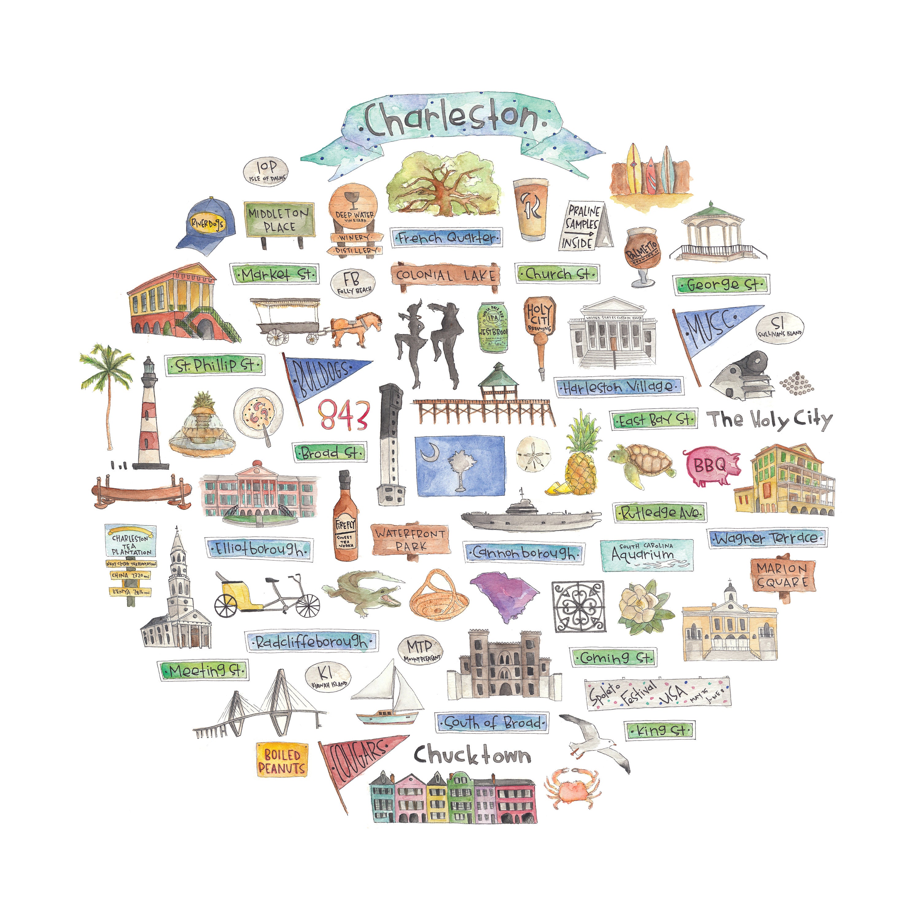 Charleston SC Icon Watercolor Illustration | Etsy