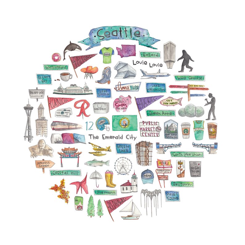 Seattle WA Icon Watercolor Illustration | Etsy