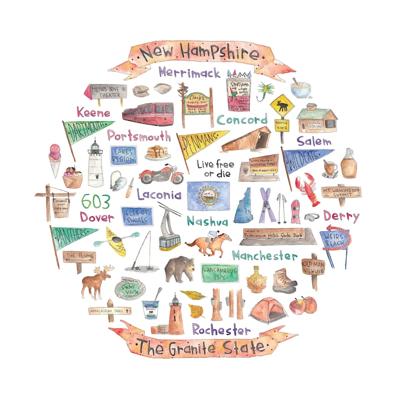 New Hampshire Icon Watercolor Illustration - Etsy