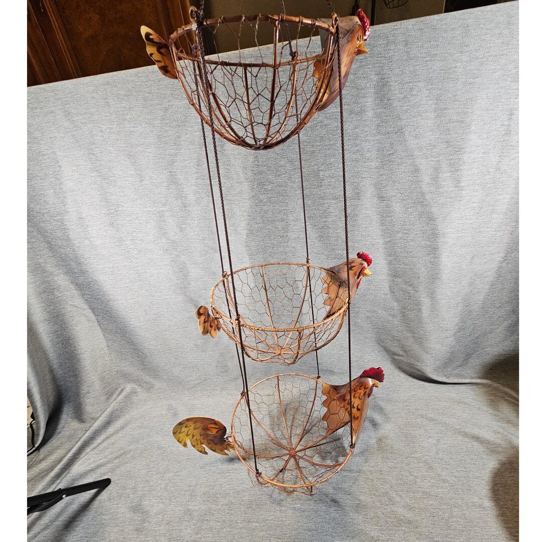 Vintage Metal Wire Chicken 3 Tiered Hanging Baskets Red Orange Fruit ...
