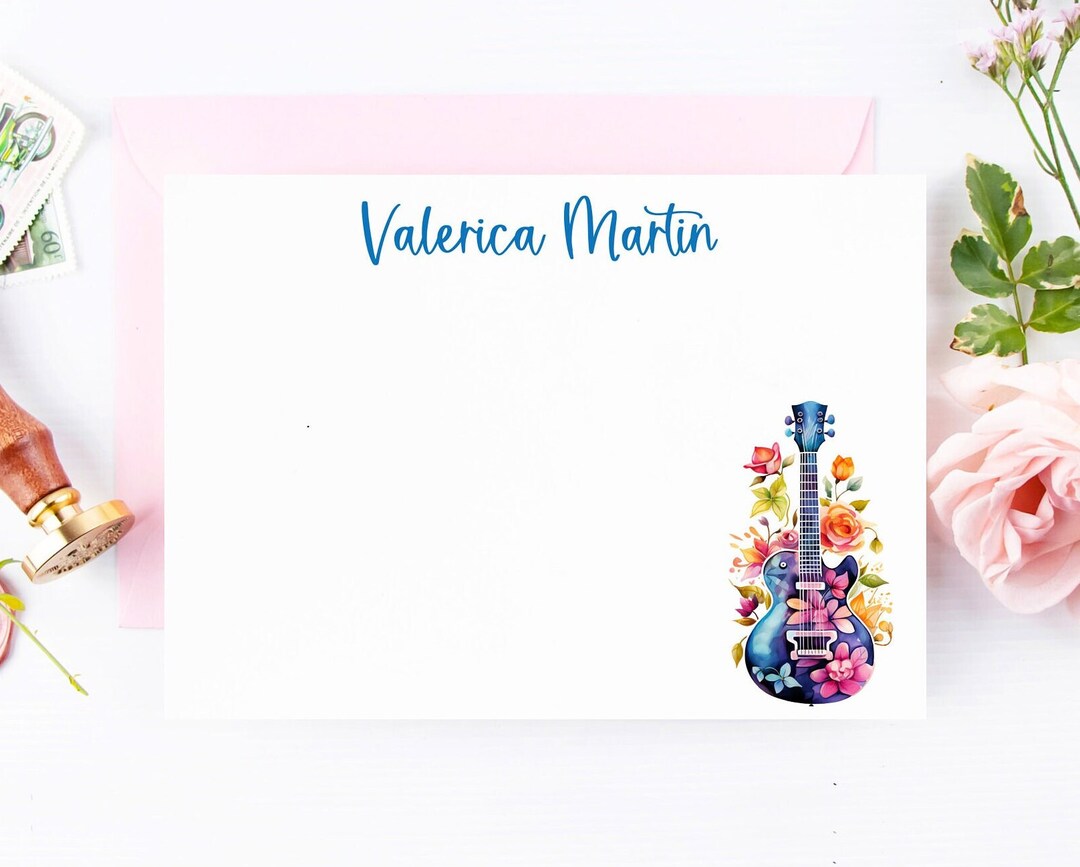 Floral Guitar Notecards, Personalized Boho Guitar With Flowers ...