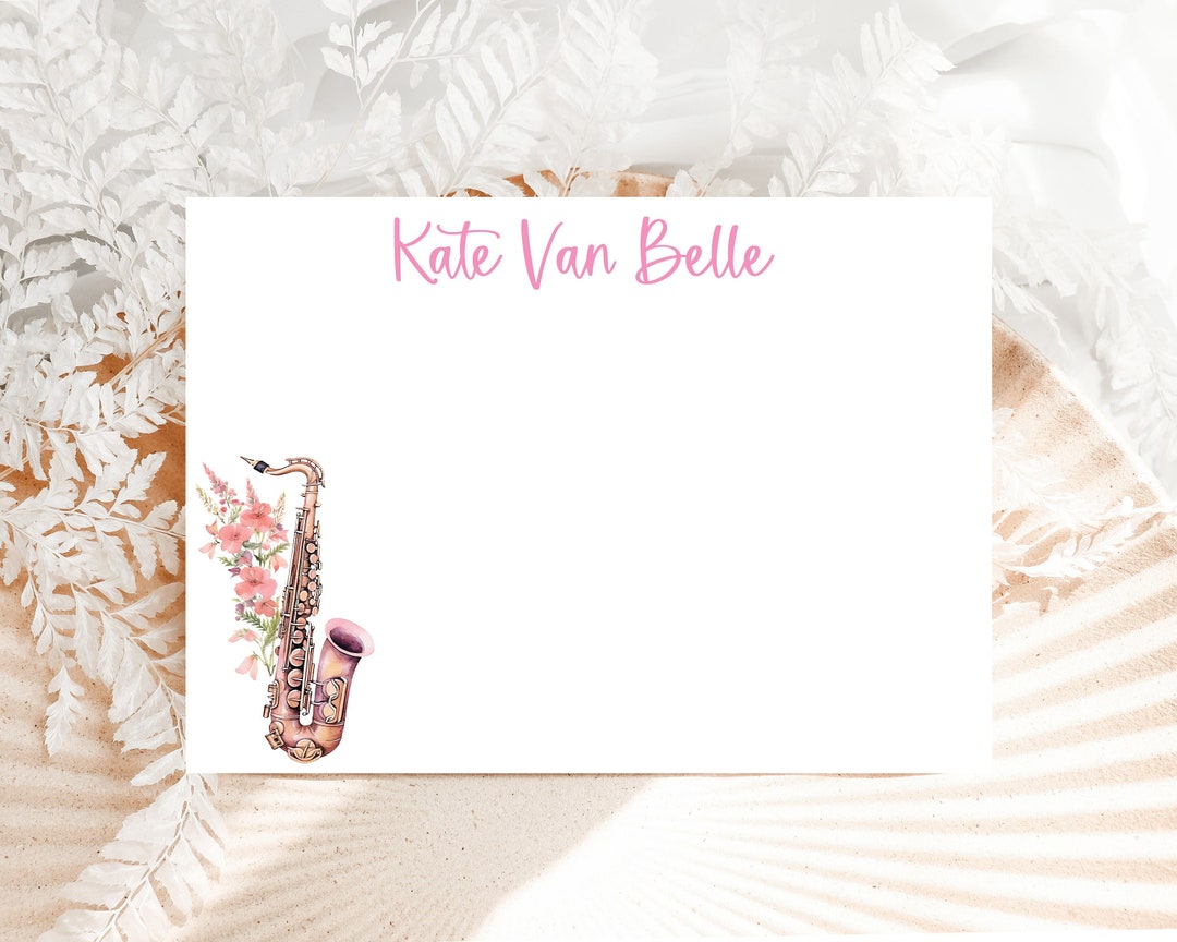 Personalized Saxophone Notecards, Custom Boho Saxaphone and Flowers ...